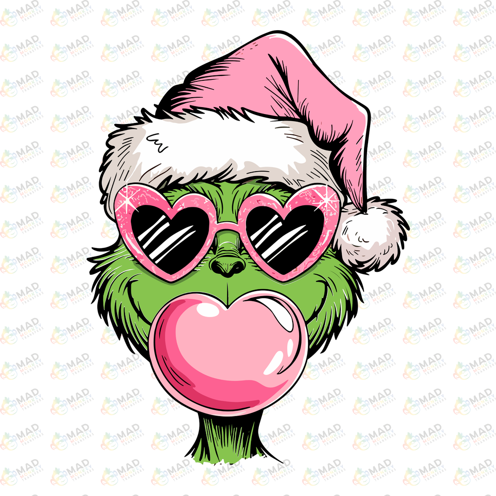 Funny Christmas Grinch DTF Print with Santa Hat & Heart Sunglasses | C